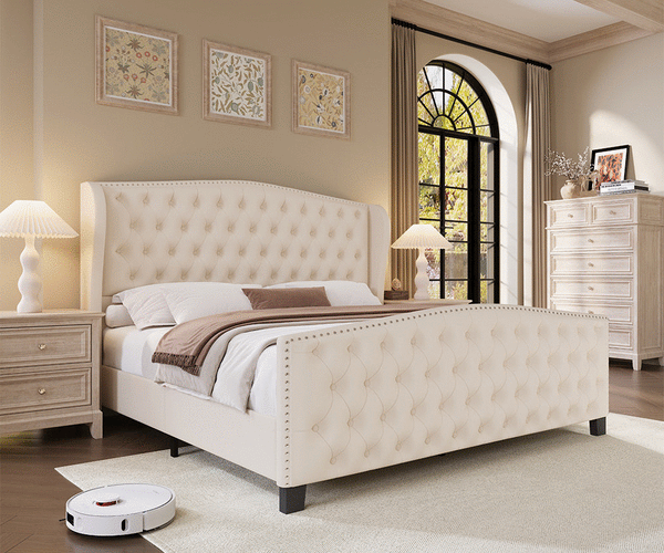 Modern Velvet Wingback Bed Frame with High Back Headboard | Larmace ...